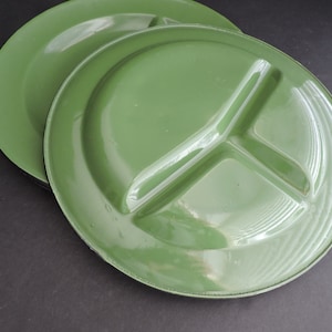 Vintage Green Enamel TV Dinner Plates - Divided Serving Dishes, Camping ...