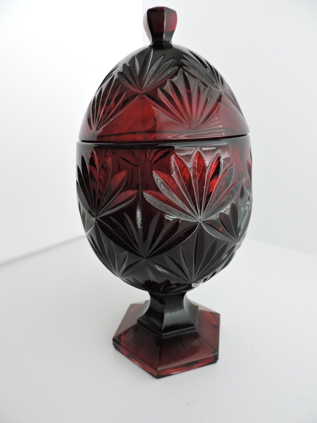 Red Glass Egg Candy Bowl With Lid Vintage Ruby Glass Pedestal Compote ...