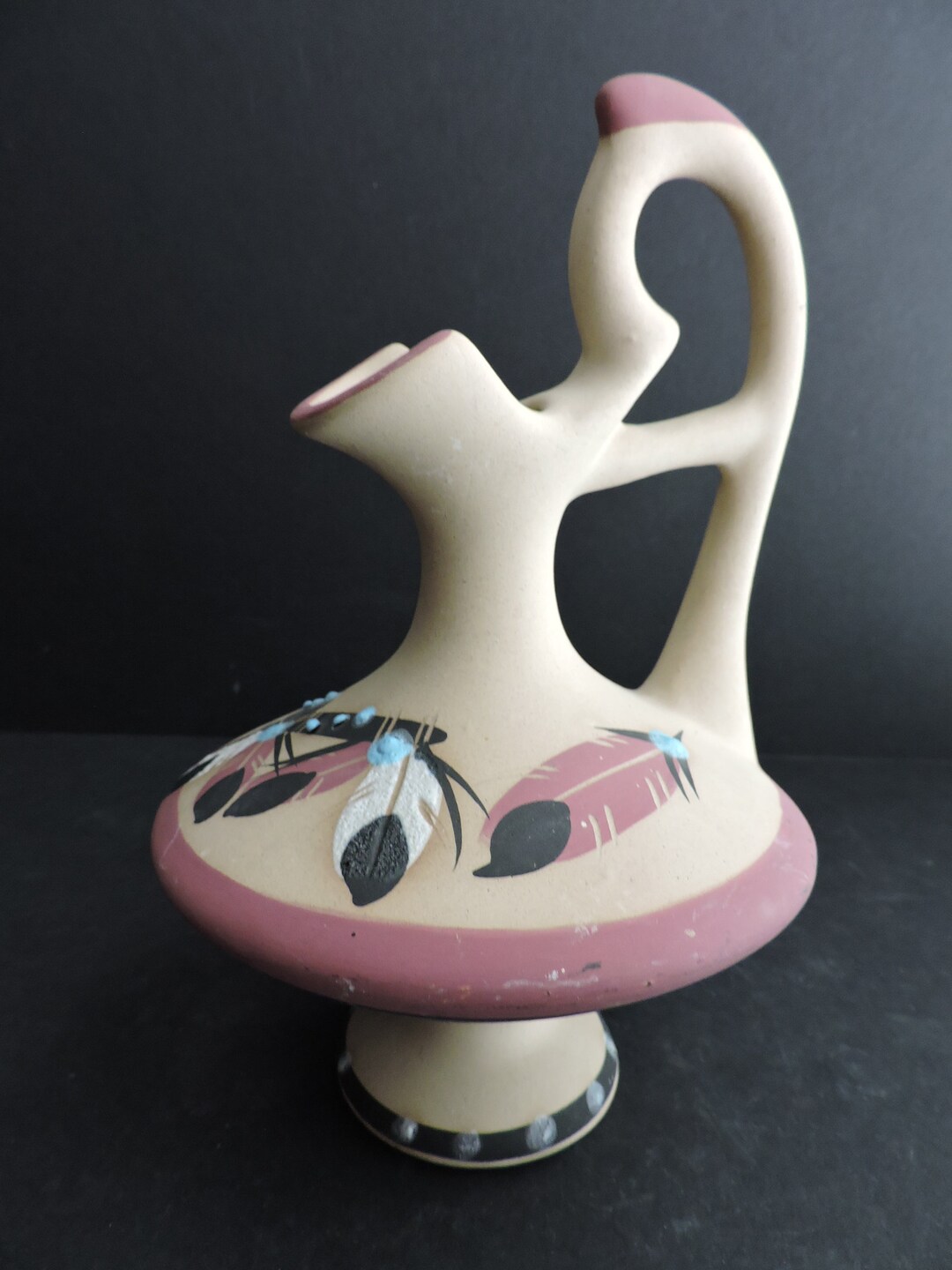 Native American Feather Pottery Vintage Ewer Pitcher Retro Bookshelf ...