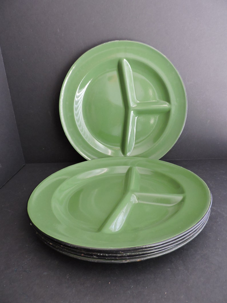 Vintage Green Enamel TV Dinner Plates - Divided Serving Dishes, Camping ...