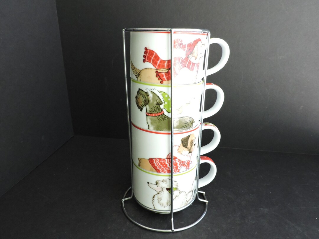 Stacking Coffee Mugs Holiday Dogs Set of 4 Cup Tower Kitchen Decor ...