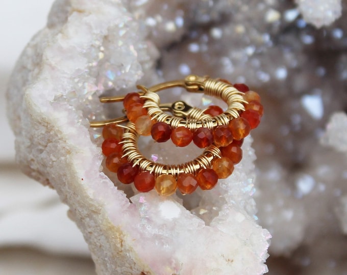 Amber Crystal Hoops , Small Orange Stone Hoops , Gemstone Hoops , Small ...