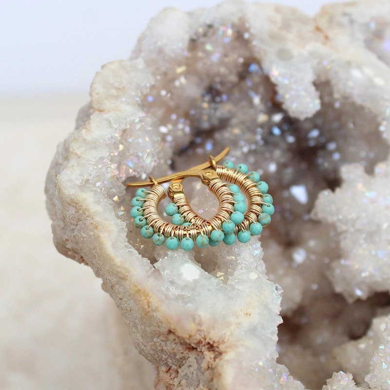 Tiny Gold Turquoise Hoops - Etsy