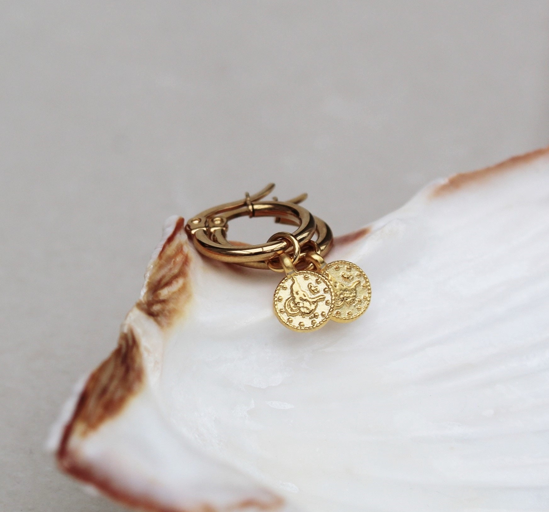 Tiny gold coin hoops small gold hoops dainty gold huggies | Etsy