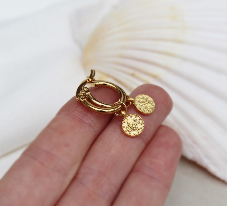 Tiny gold coin hoops small gold hoops dainty gold huggies | Etsy