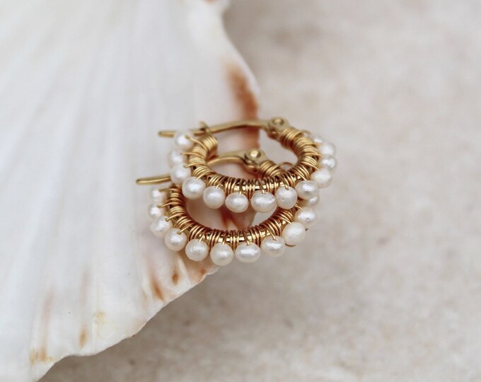 Tiny Pearl Hoops Small Pearl Hoops Tiny Gold Hoops Small - Etsy UK