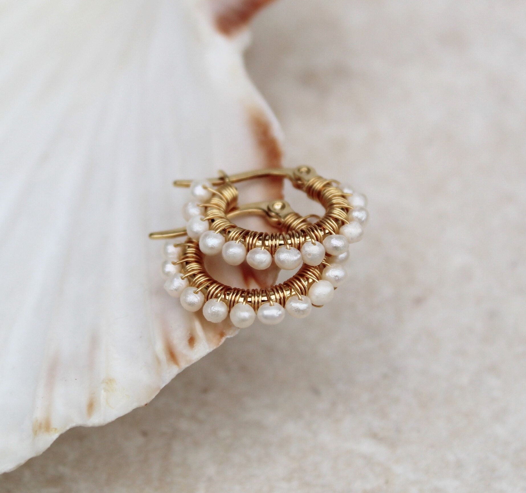 Tiny Pearl Hoops Small Pearl Hoops Tiny Gold Hoops Small | Etsy UK