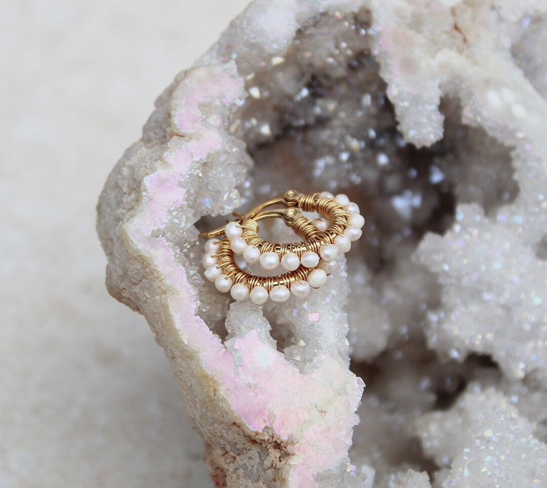 Tiny Pearl Hoops Small Pearl Hoops Tiny Gold Hoops Small - Etsy UK