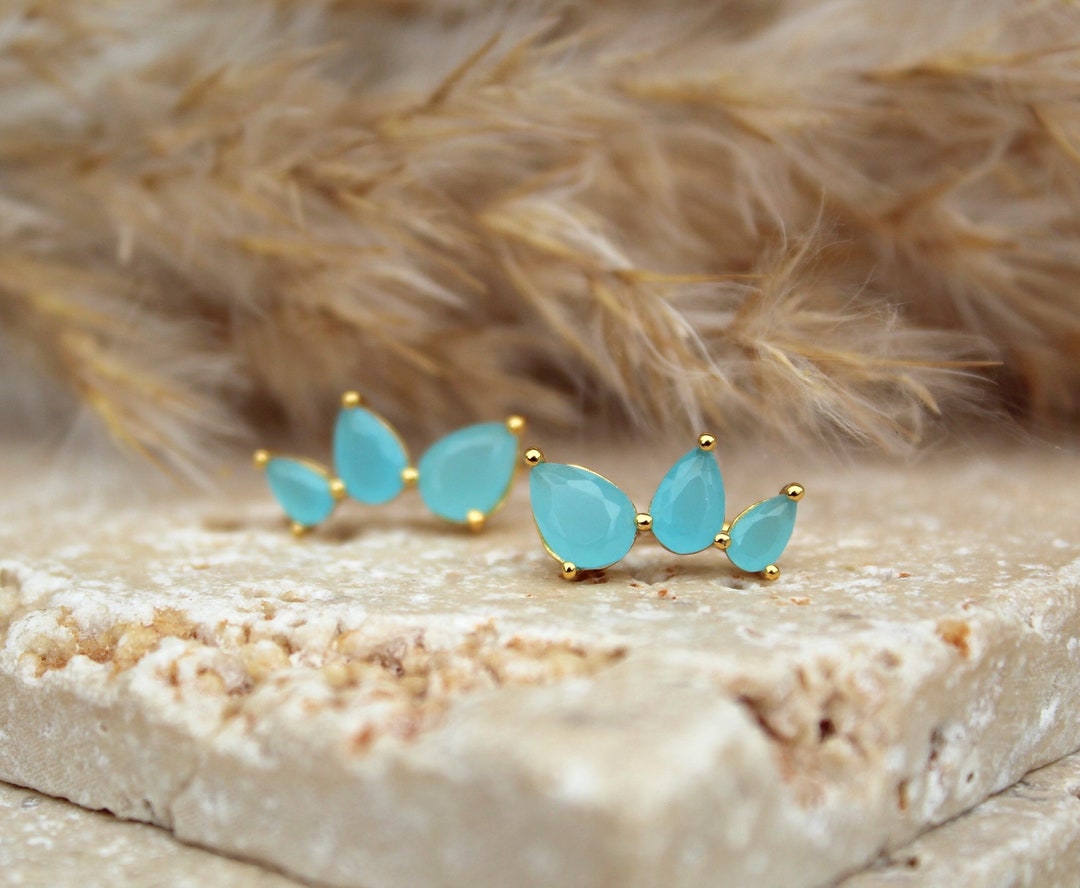 14k Gold Turquoise Ear Climbers , Small Turquoise Earrings , Green Blue Gemstone Earrings ...