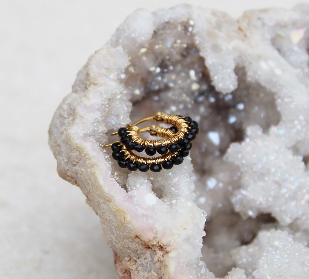 Black Swarovski Hoops , Small Gemstone Hoop Earrings , Small Gold Hoops ...
