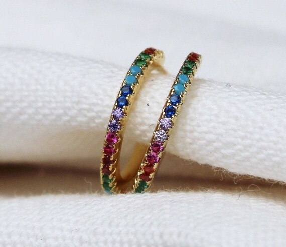 Tiny Rainbow Hoops Small Gold Huggies Gold Cubic Zirconia - Etsy