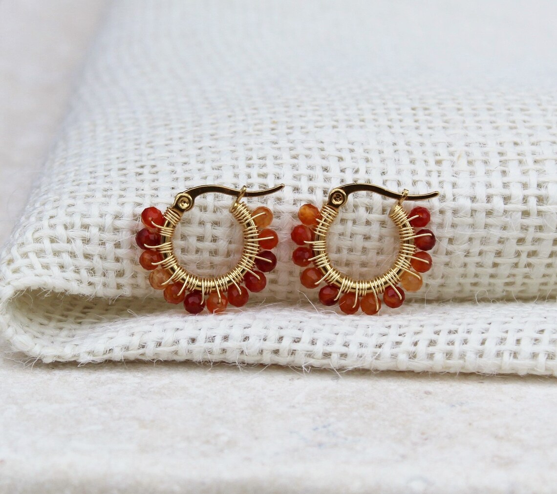 Amber crystal hoops small orange stone hoops gemstone | Etsy