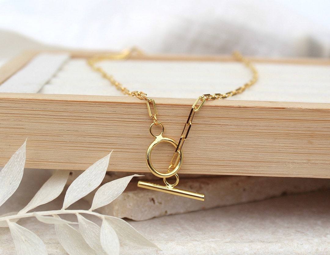14k Gold T Bar Toggle Necklace Choker , 14k Gold Vermeil Necklace ...