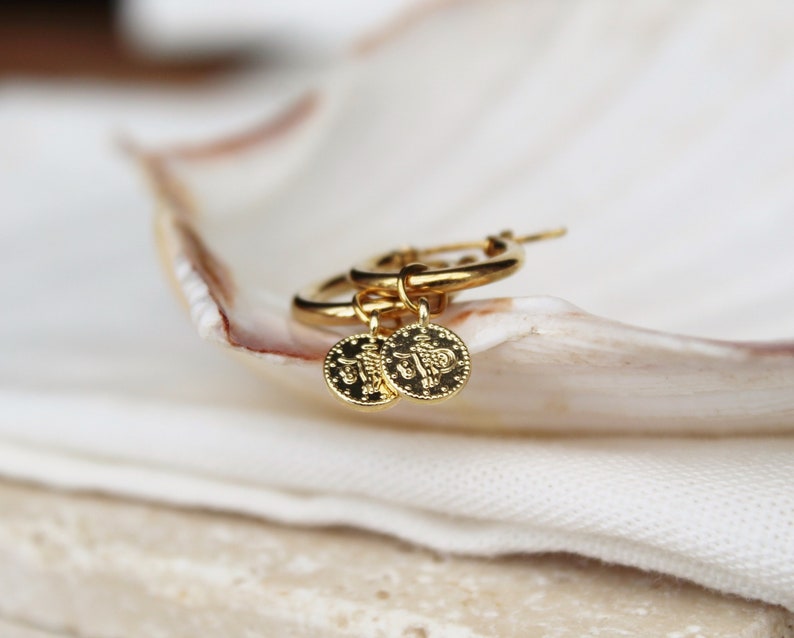 Tiny Gold Coin Hoops Small Gold Hoops Dainty Gold Huggies - Etsy