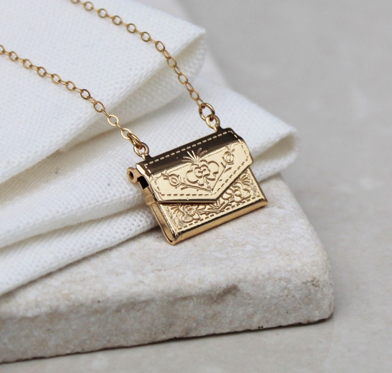 Dainty Gold Envelope Pendant Gold Locket Necklace Best - Etsy