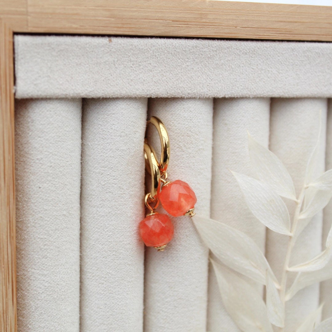 Orange Agate Hoops , 18k Gold Plated Stainless Steel Gemstone Hoops ...