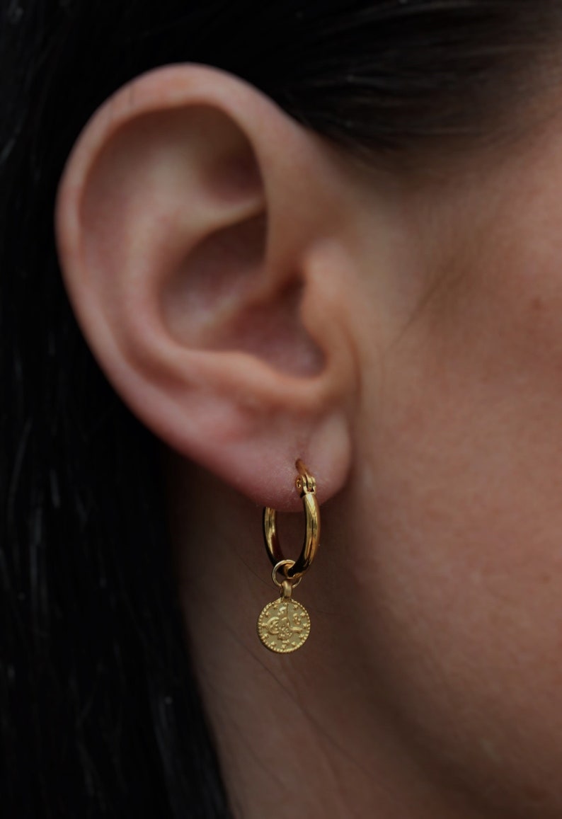 Tiny gold coin hoops small gold hoops dainty gold huggies | Etsy