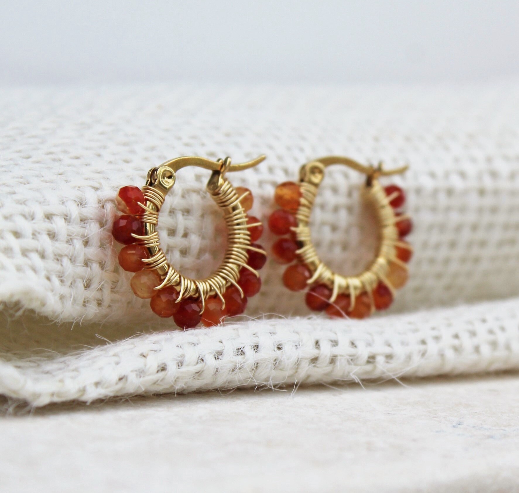 Amber crystal hoops small orange stone hoops gemstone | Etsy