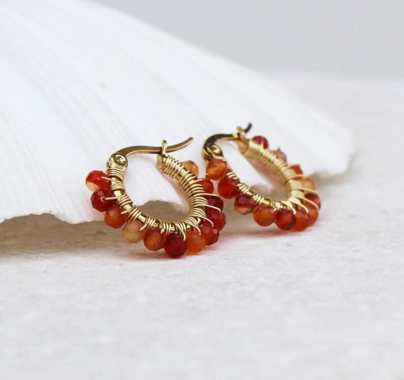 Amber Crystal Hoops Small Orange Stone Hoops Gemstone | Etsy UK