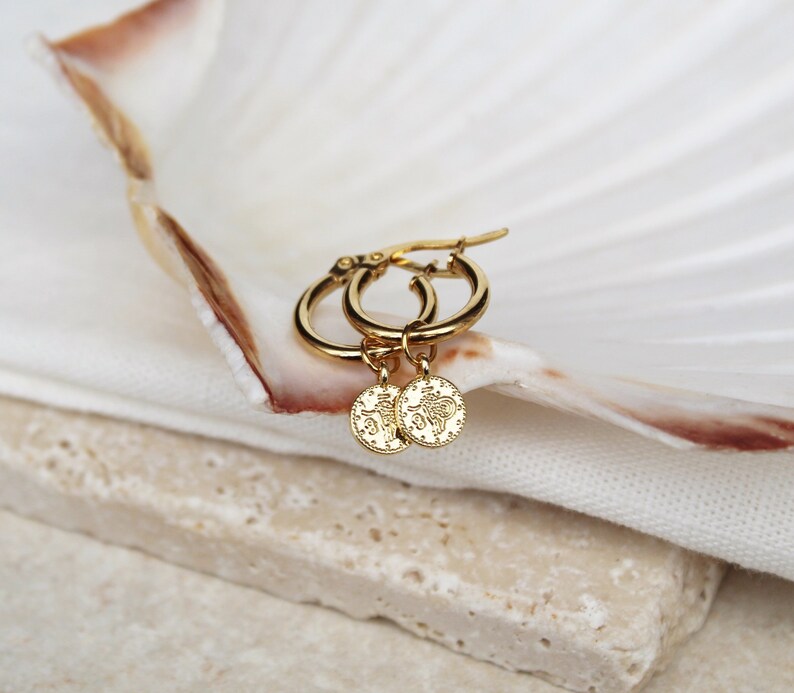 Tiny Gold Coin Hoops Small Gold Hoops Dainty Gold Huggies - Etsy