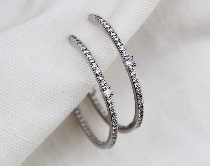Large Silver Cz Hoops , Large Silver Pave Hoops , Big Crystal Hoops ...