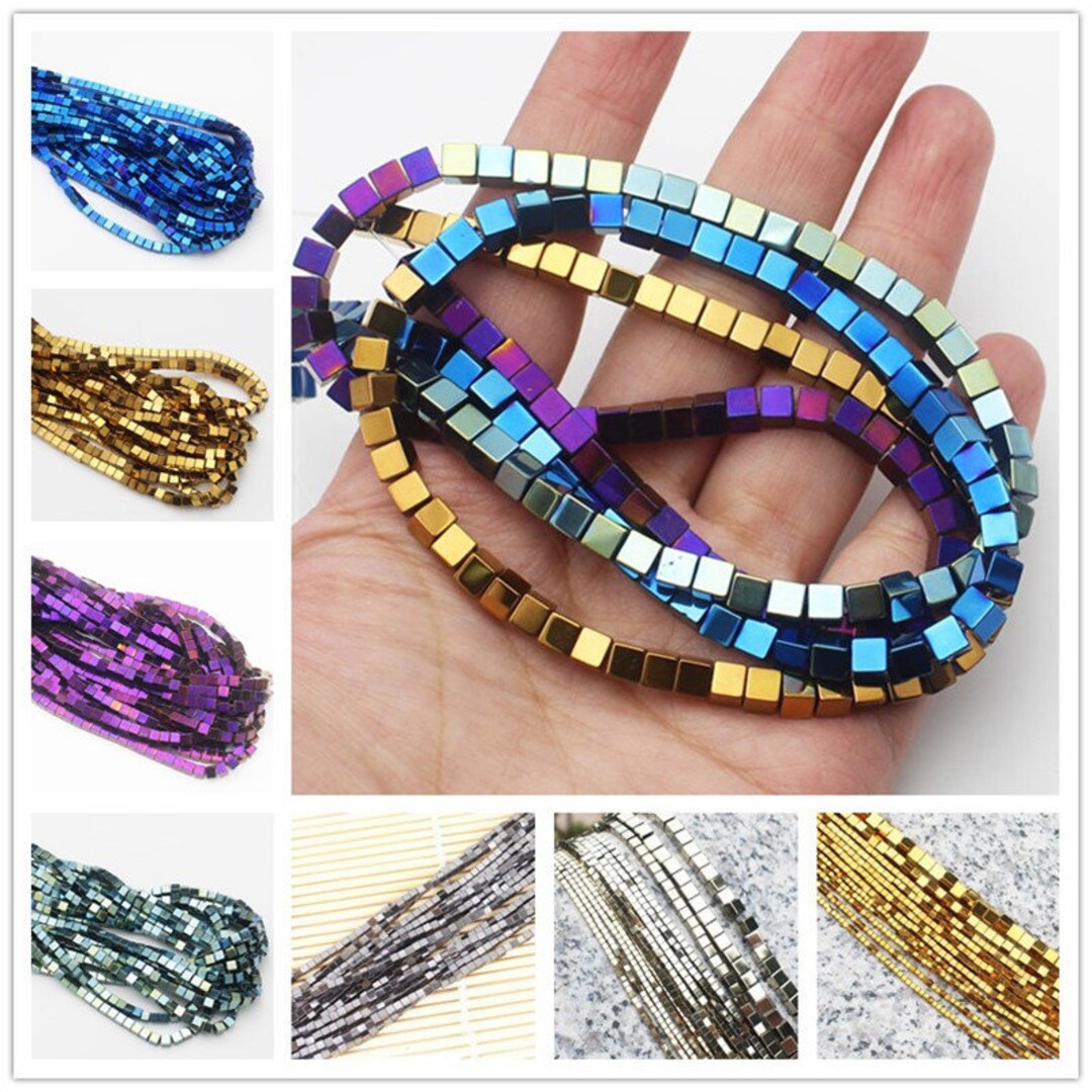 Hematite Cube Beads, Gold, Silver, Blue Plated Hematite Beads, Natural ...