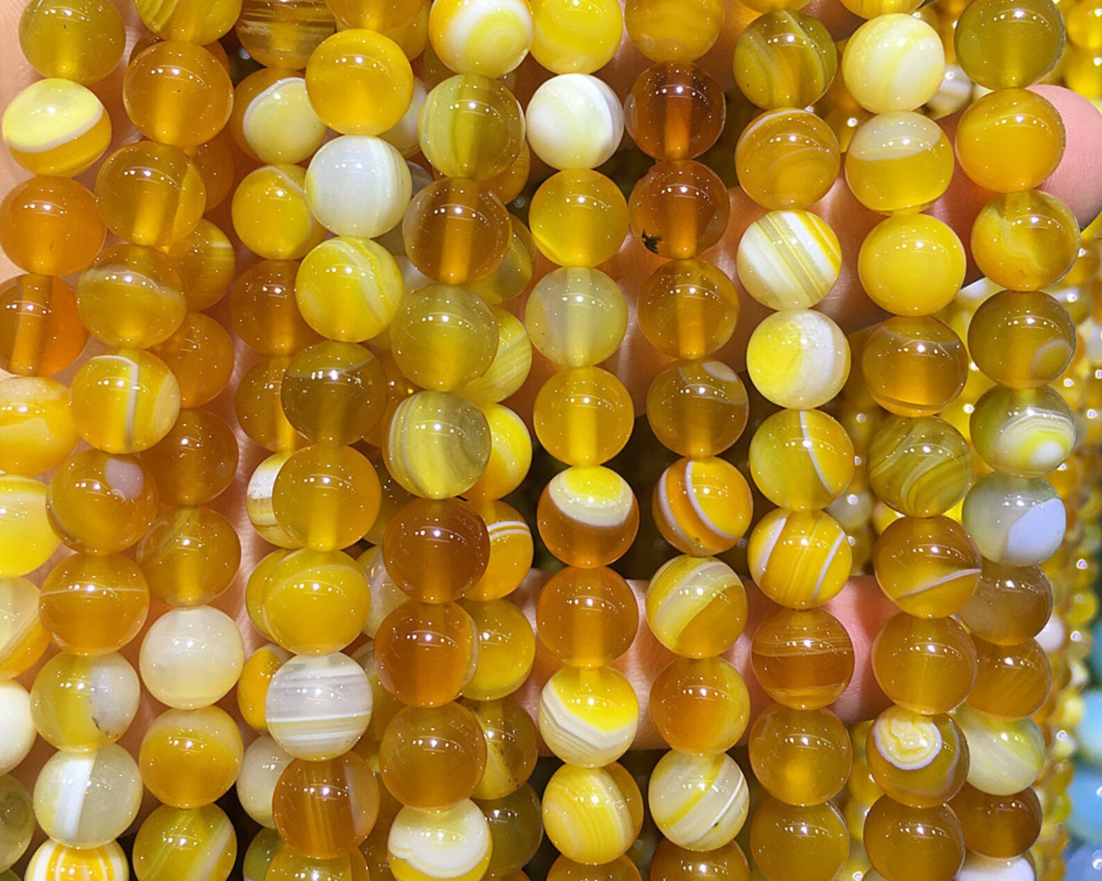 Yellow Striped Agate Beads, Natural Gemstone Beads, Smooth Round Stone ...