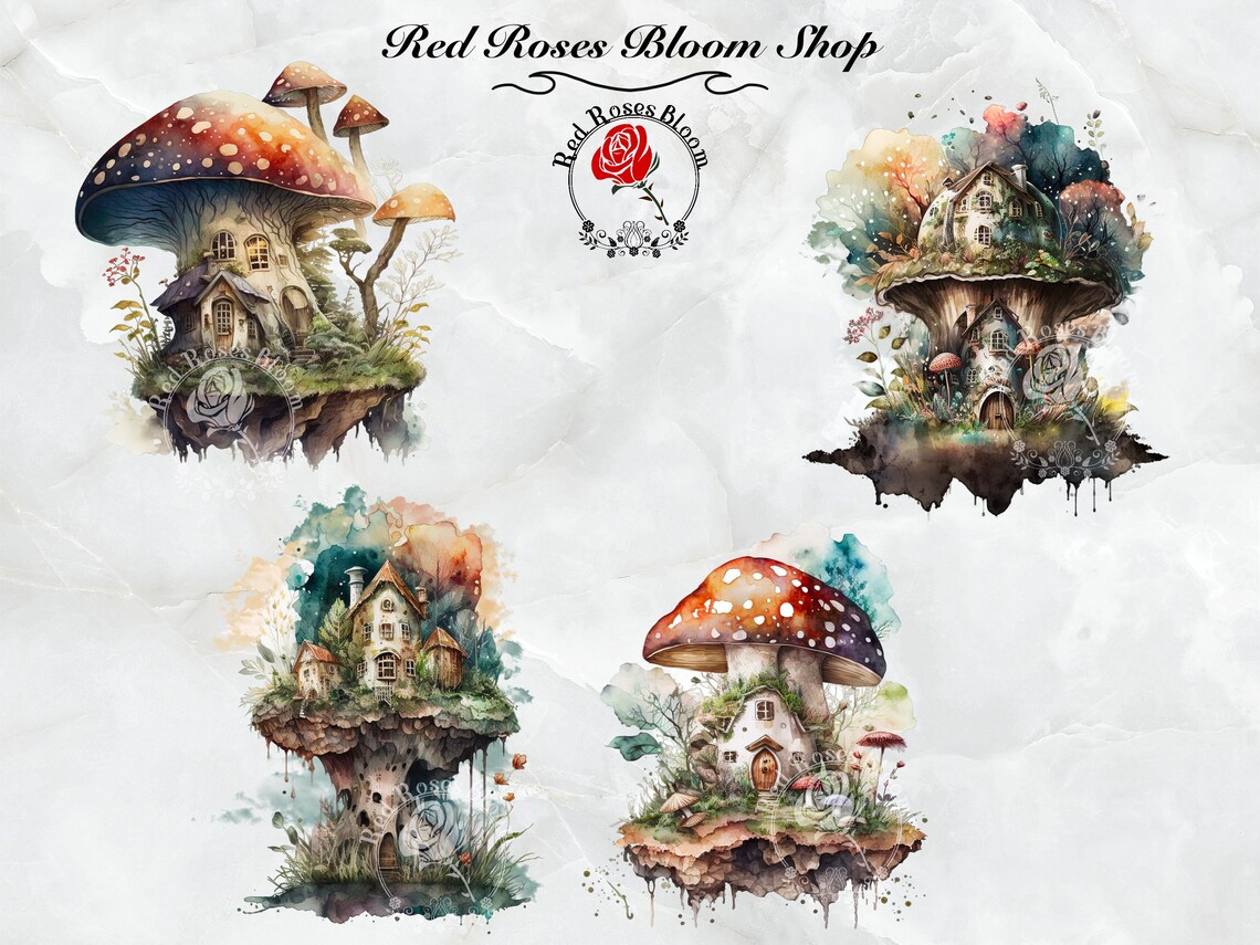 Mushroom Houses Clipart, Fairy Forest House Fantasy Clipart, Gnome ...