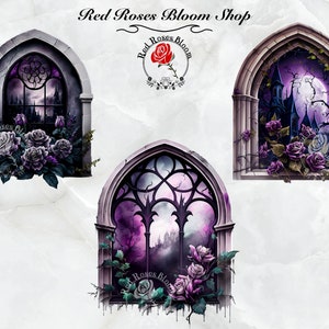 Gothic Window Clipart, Vampire Fantasy Clipart, Black and Purple Gothic ...