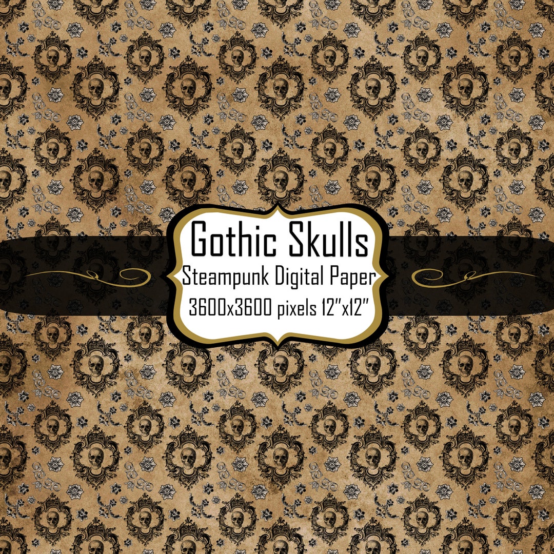 Brown Gothic Skulls Digital Paper, Seamless Steampunk Scrapbooking ...