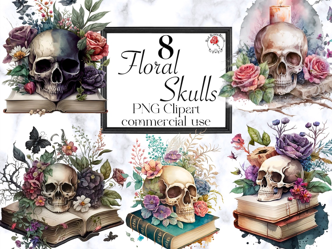 Floral Gothic Skulls Clipart, Fantasy Clipart, Halloween Skull Witchy ...