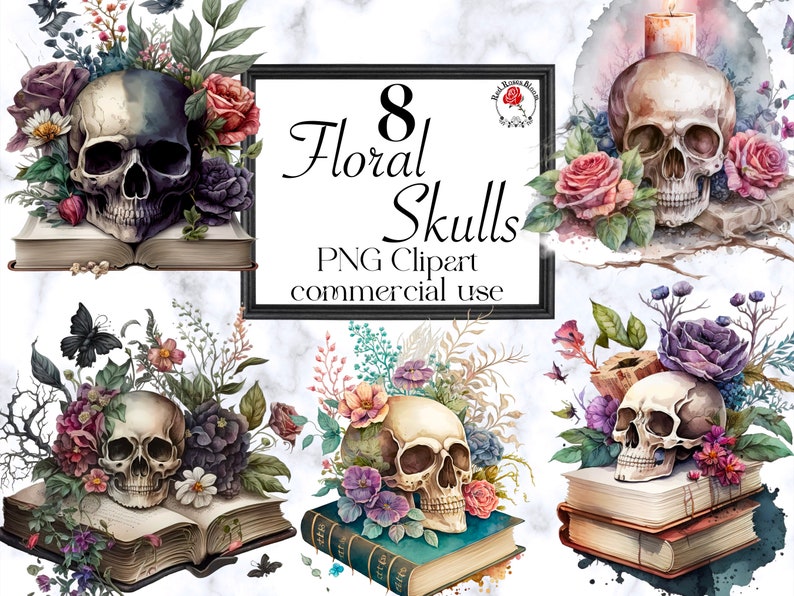 Floral Gothic Skulls Clipart, Fantasy Clipart, Halloween Skull Witchy ...