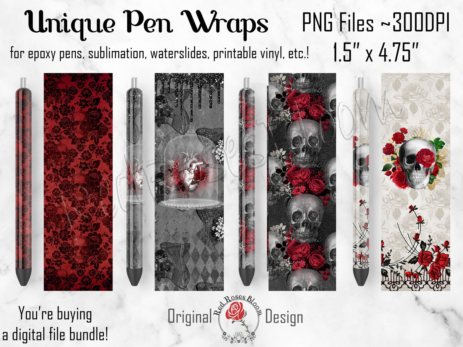 Gothic Skull Pen Wraps, Waterslide Pen Wrap, Pen PNG Files, Gothic Pen ...