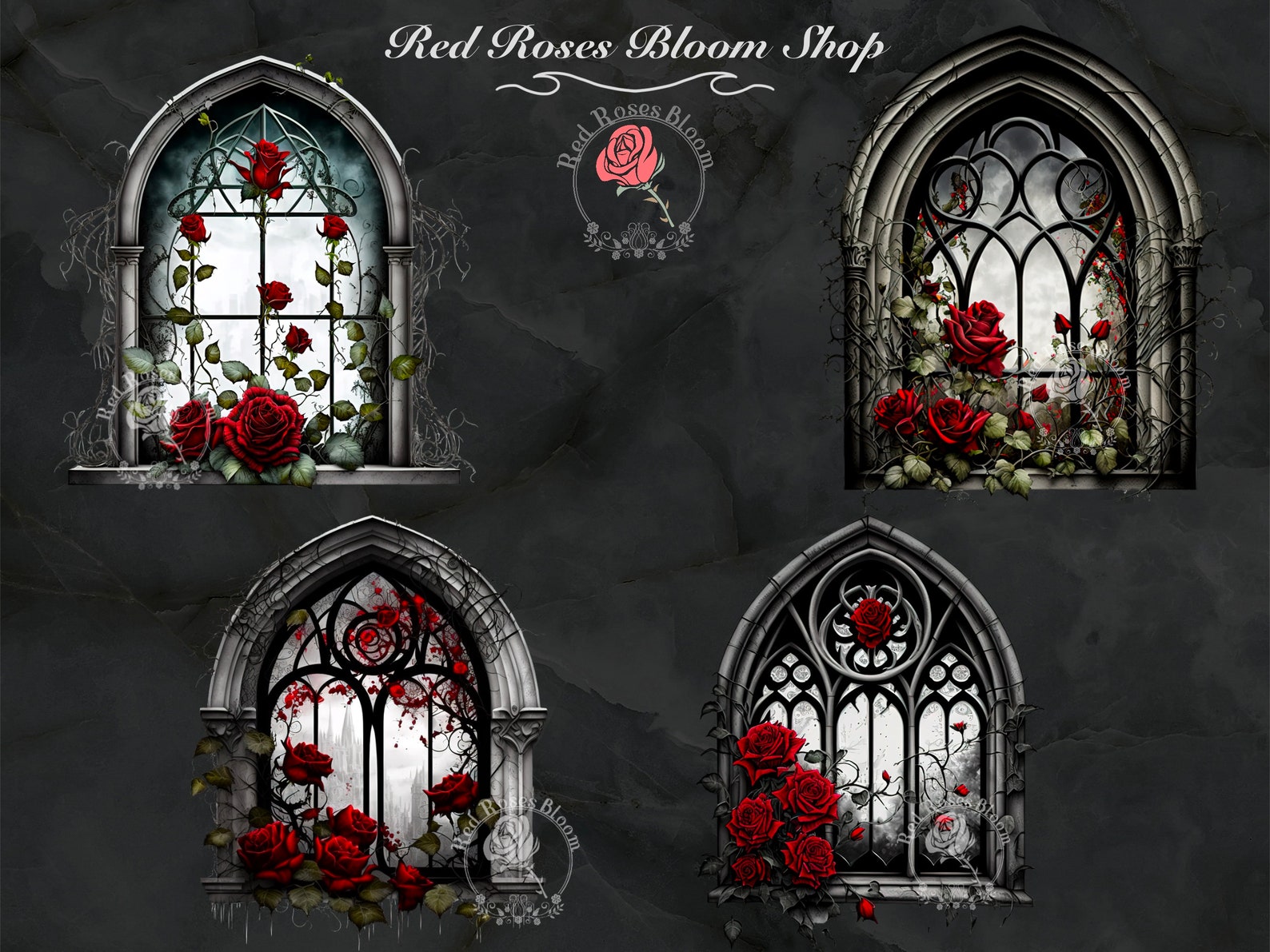 Gothic Window Clipart, Vampire Fantasy Clipart, Black and Red Gothic ...
