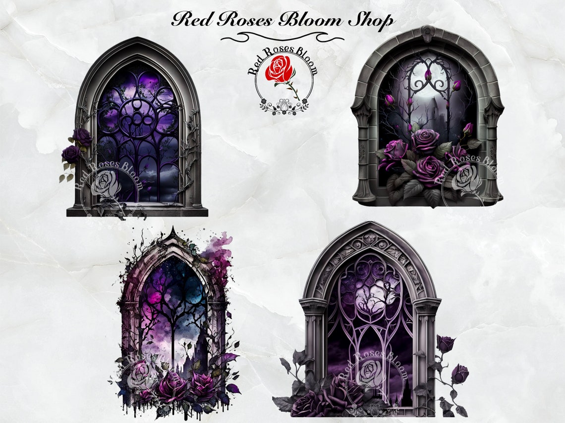 Gothic Window Clipart, Vampire Fantasy Clipart, Black and Purple Gothic ...