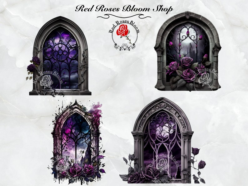 Gothic Window Clipart, Vampire Fantasy Clipart, Black and Purple Gothic ...
