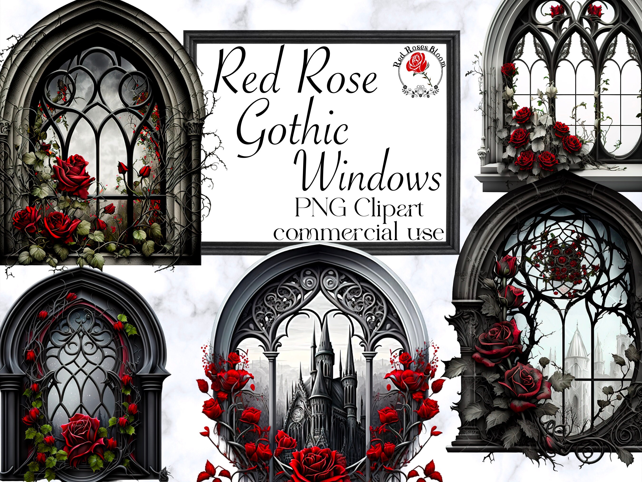 Gothic Window Clipart, Vampire Fantasy Clipart, Black and Red Gothic ...