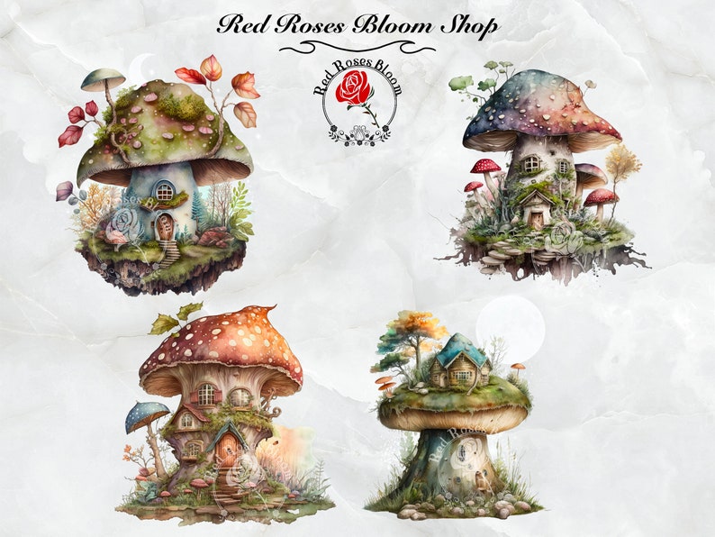 Mushroom Houses Clipart, Fairy Forest House Fantasy Clipart, Gnome ...