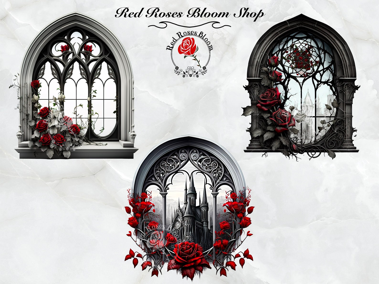 Gothic Window Clipart, Vampire Fantasy Clipart, Black and Red Gothic ...