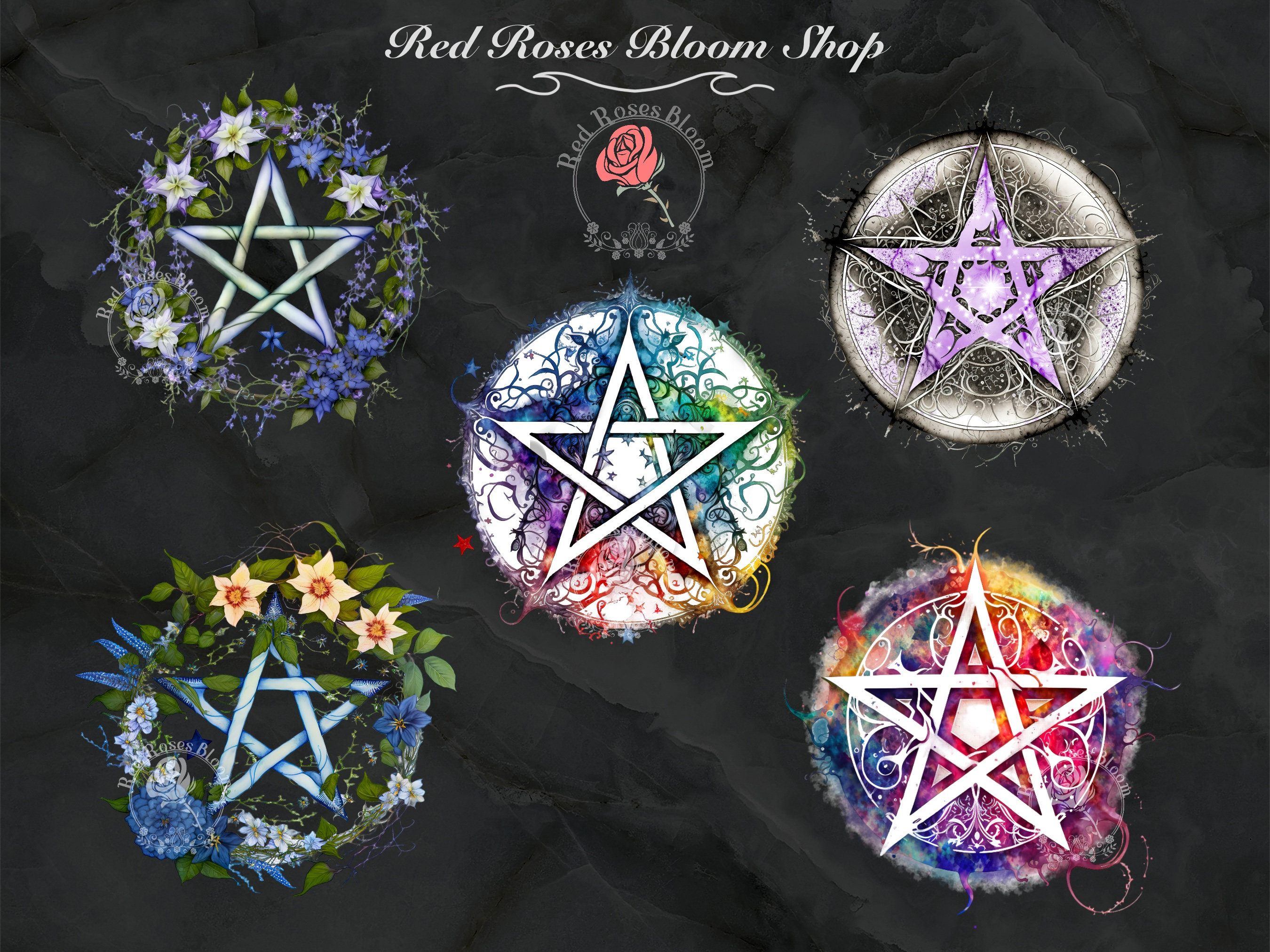 Floral Pentagram Clipart, Witch Fantasy Clipart, Halloween Witchy ...