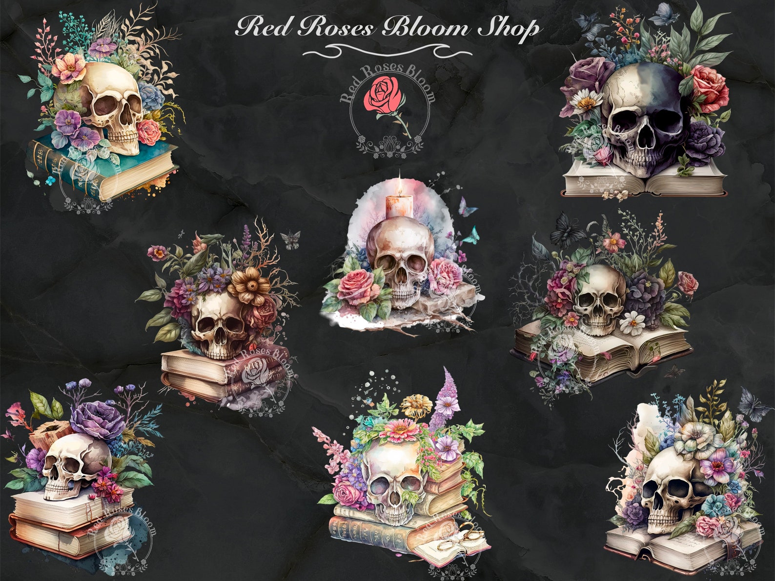 Floral Gothic Skulls Clipart Fantasy Clipart Halloween Skull - Etsy