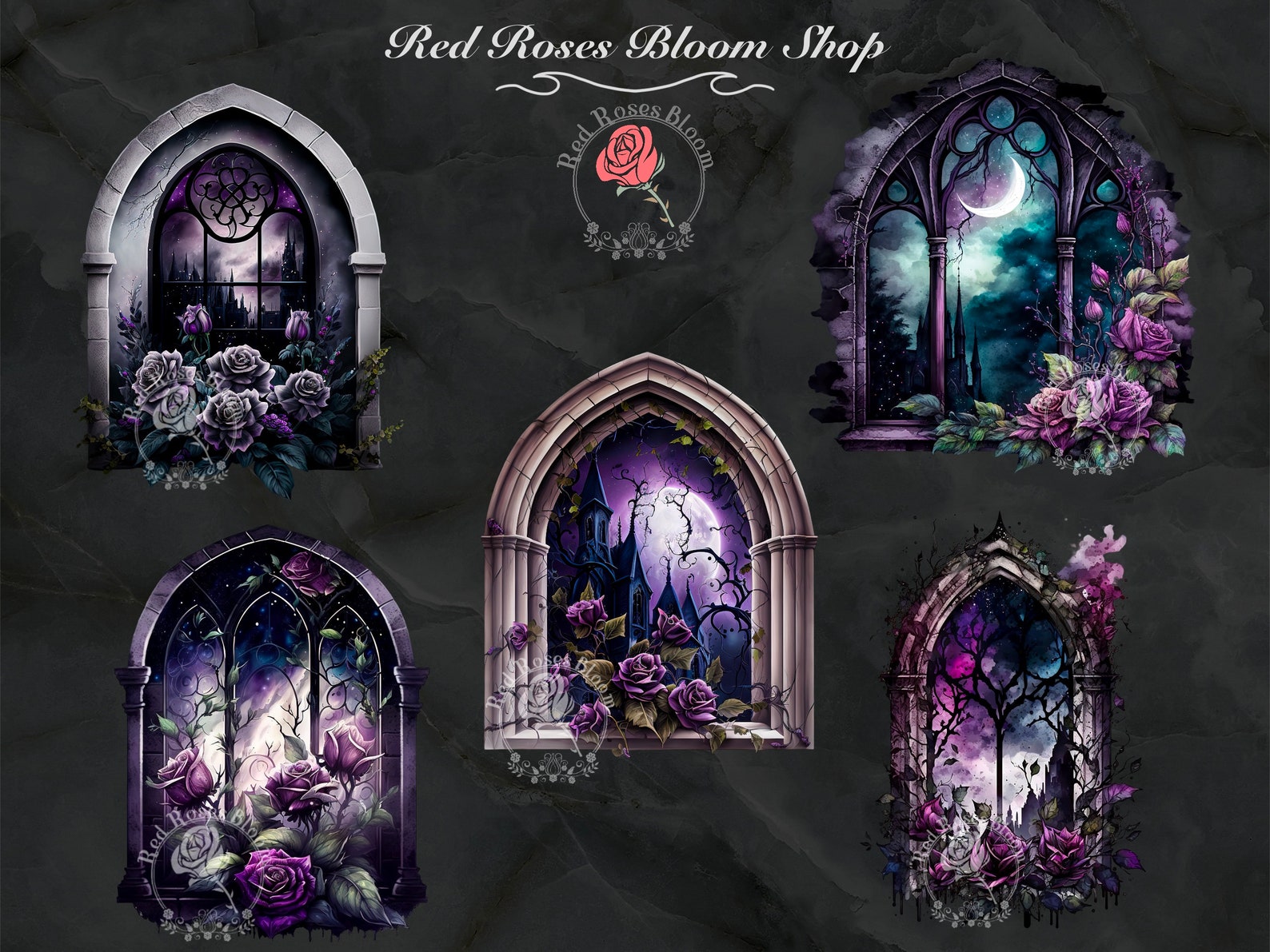 Gothic Window Clipart, Vampire Fantasy Clipart, Black and Purple Gothic ...