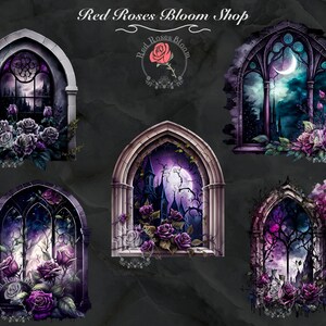 Gothic Window Clipart, Vampire Fantasy Clipart, Black and Purple Gothic ...