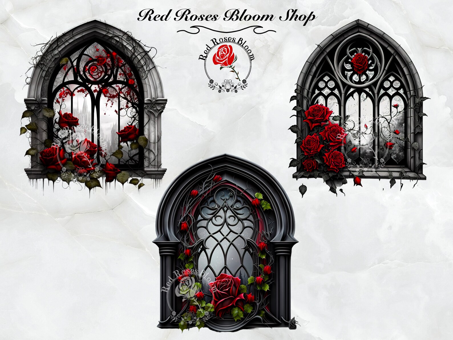 Gothic Window Clipart, Vampire Fantasy Clipart, Black and Red Gothic ...