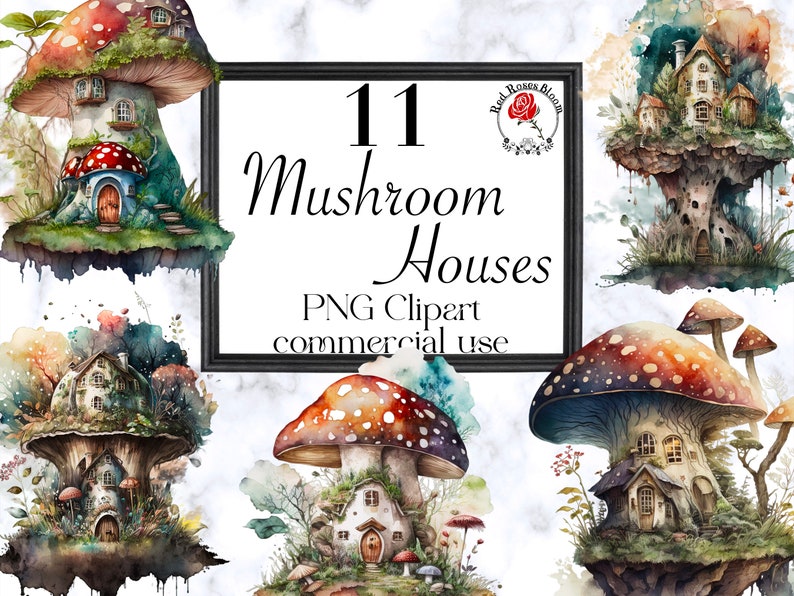 Mushroom Houses Clipart, Fairy Forest House Fantasy Clipart, Gnome ...