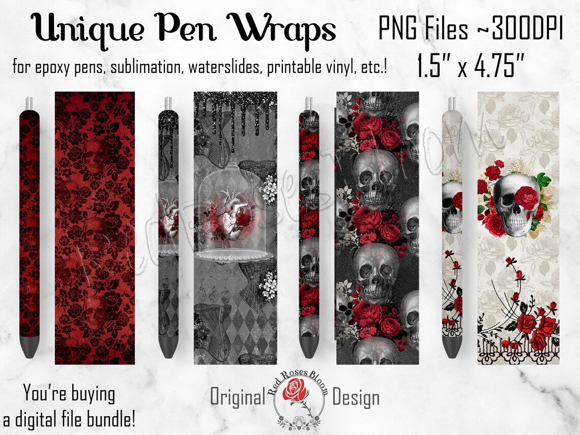 Gothic Skull Pen Wraps, Waterslide Pen Wrap, Pen PNG Files, Gothic Pen ...