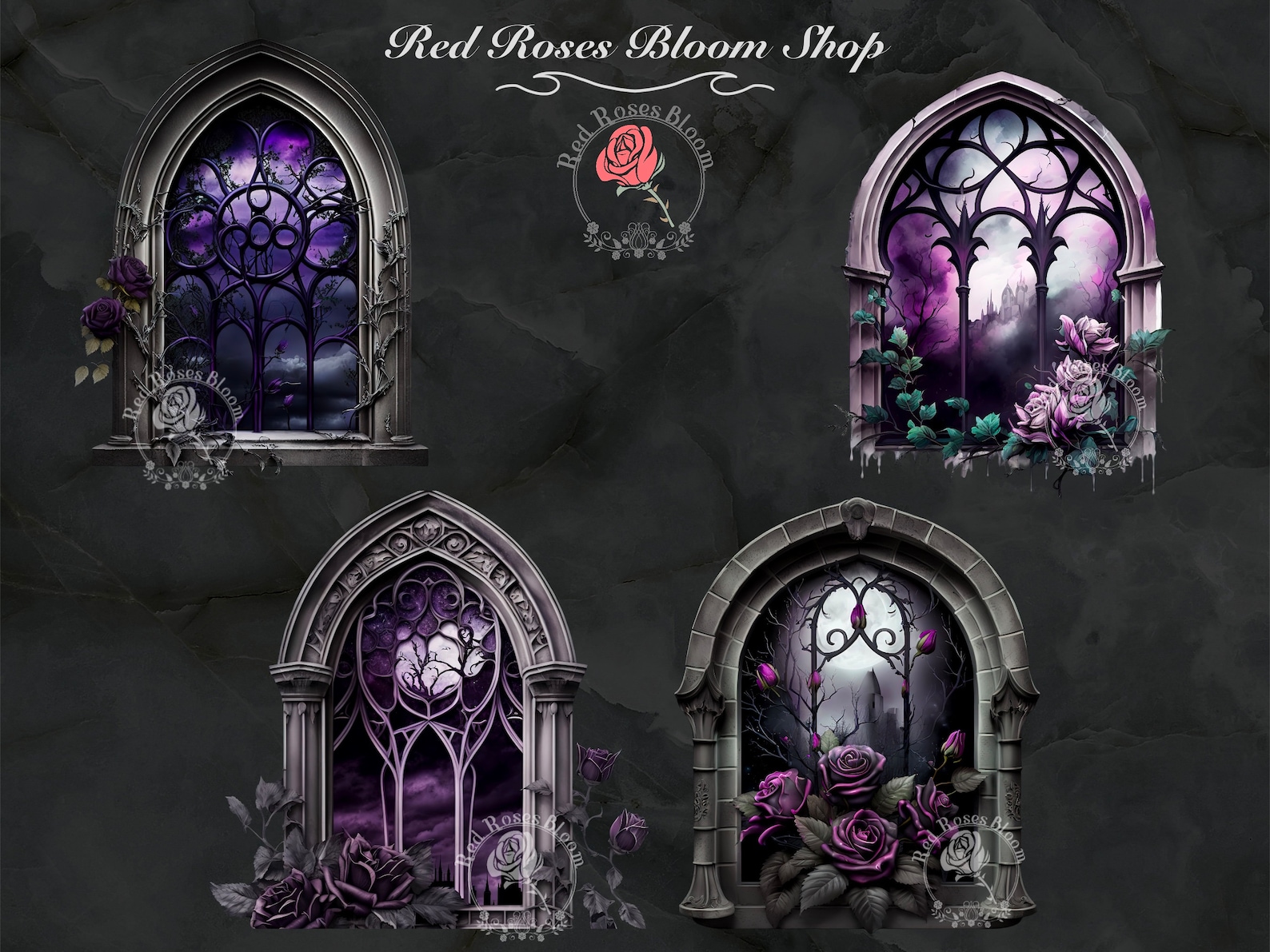 Gothic Window Clipart, Vampire Fantasy Clipart, Black and Purple Gothic ...