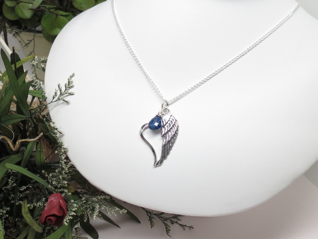Sterling Silver Angel Wing Heart Necklace, Gemstone Memorial Jewelry - Etsy