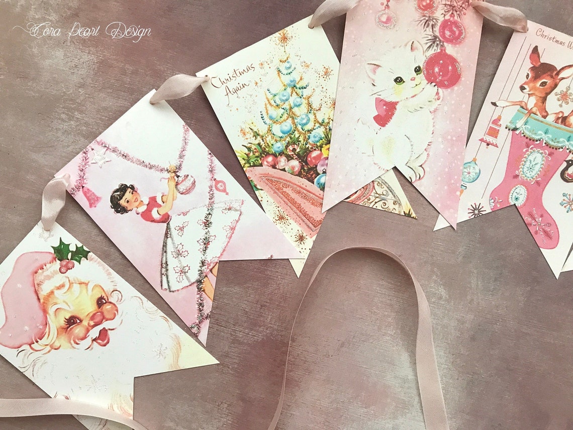 Christmas Vintage Style Pink Bunting Flag Garland Christmas - Etsy