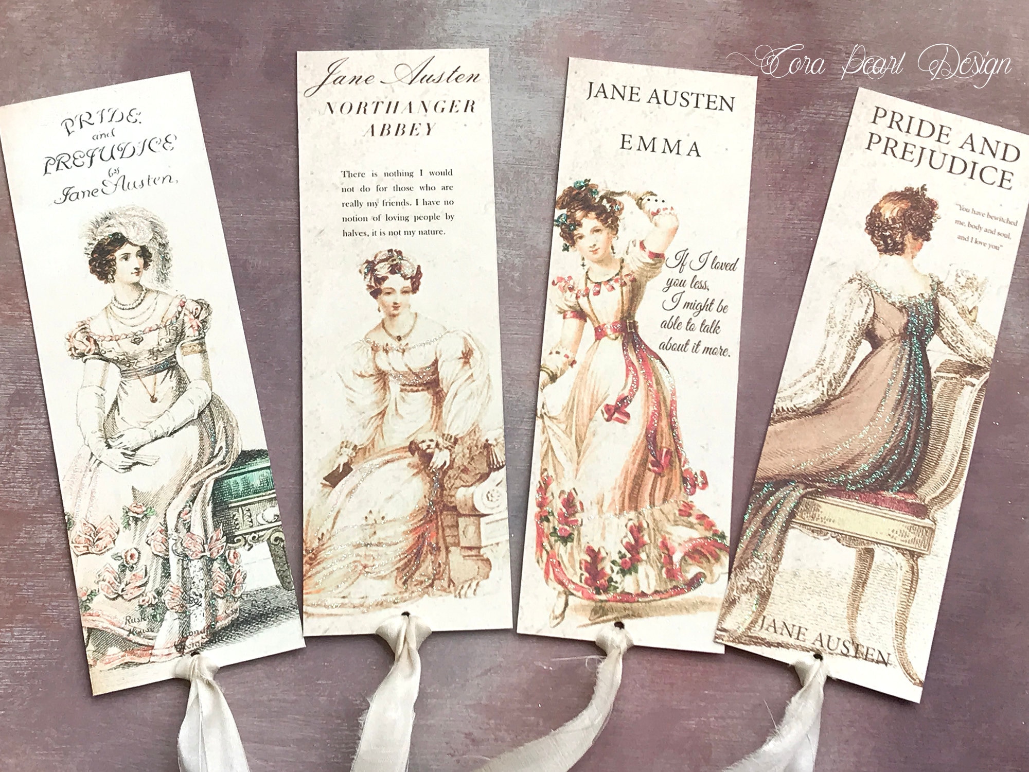 4 Jane Austen Regency Glitter Bookmarks with pure silk ribbons | Etsy